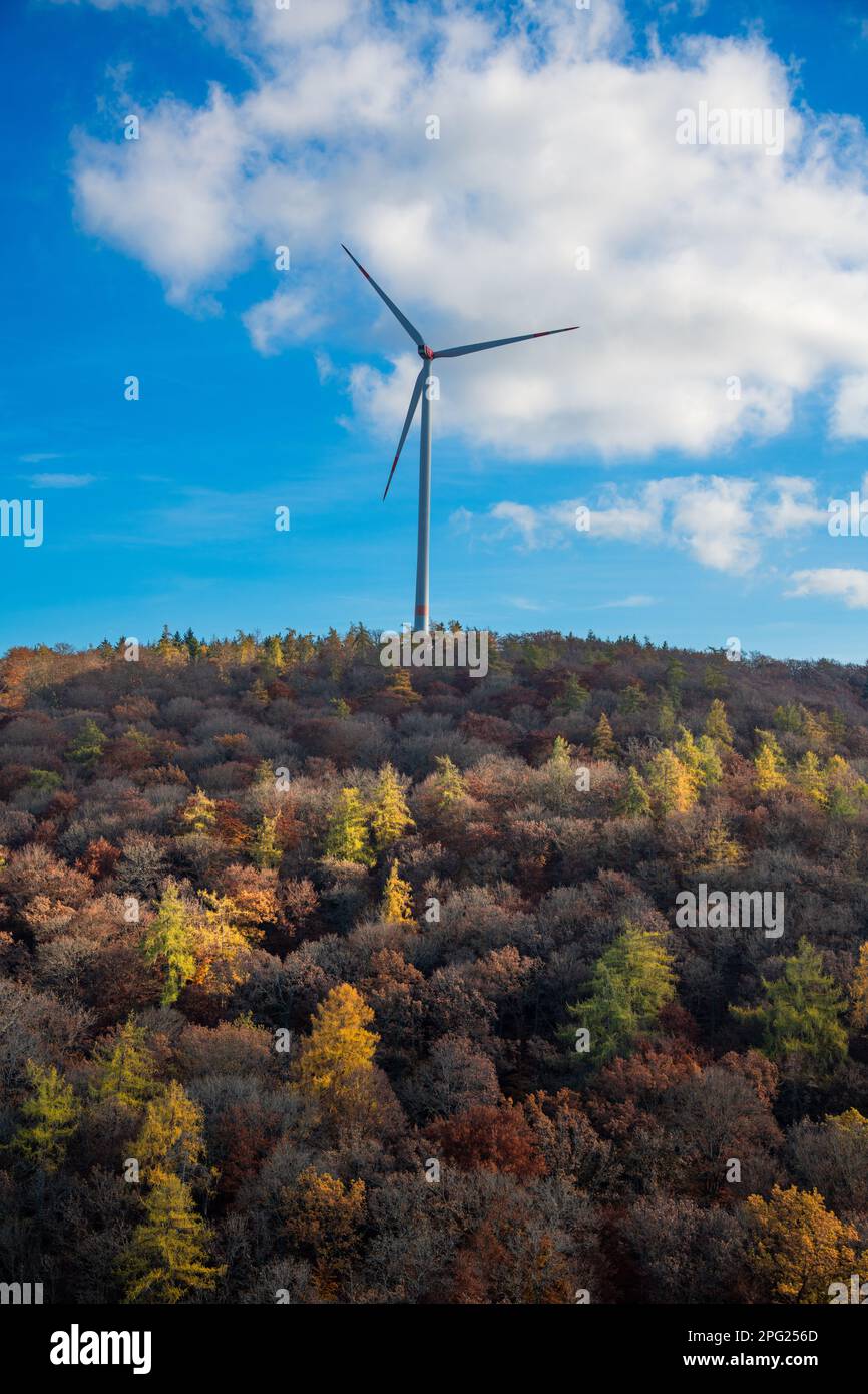 a wind turbine in a tree landscape under a blue sky Stock Photo - Alamy
