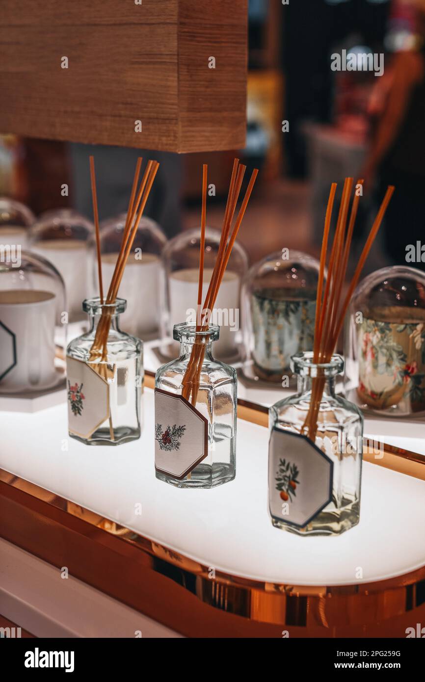 Mock up aroma diffuser wooden sticks in the glass transparent bottle ...