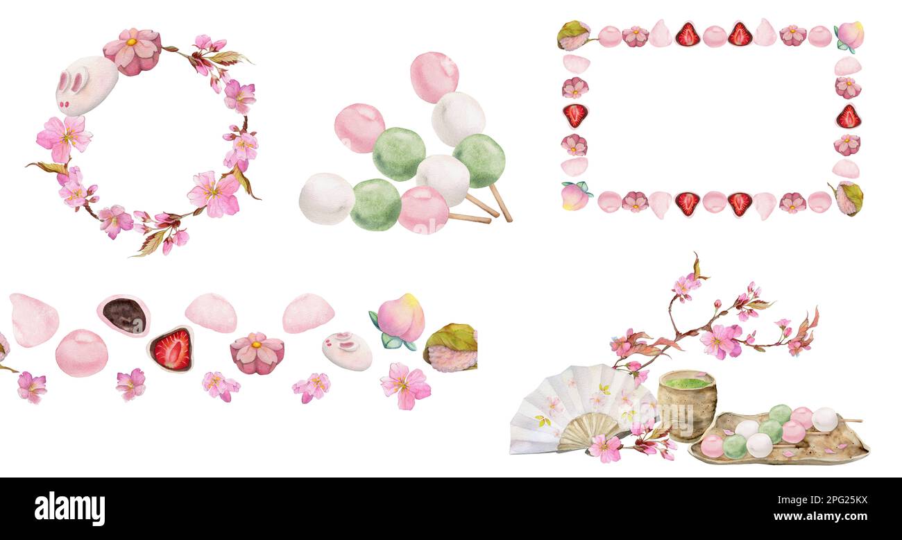 Watercolor hand drawn traditional Japanese sweets. Set of compositions ...