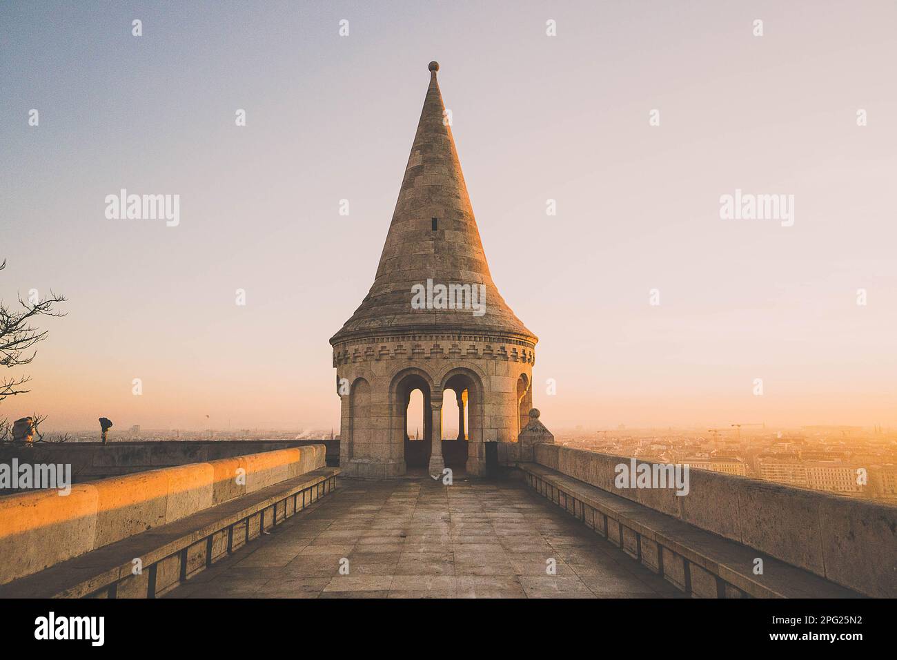 stock photo of a tower of the Fisherman's Bastion at sunrise Stock ...