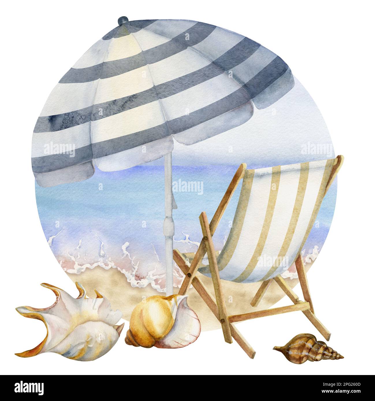 Hand Drawn Watercolor Composition Seascape With Beach Chair And