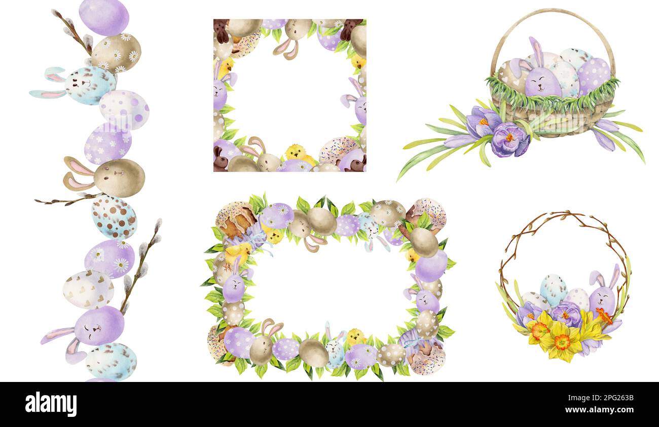 Watercolor hand drawn Easter celebration clipart. Set of frames ...
