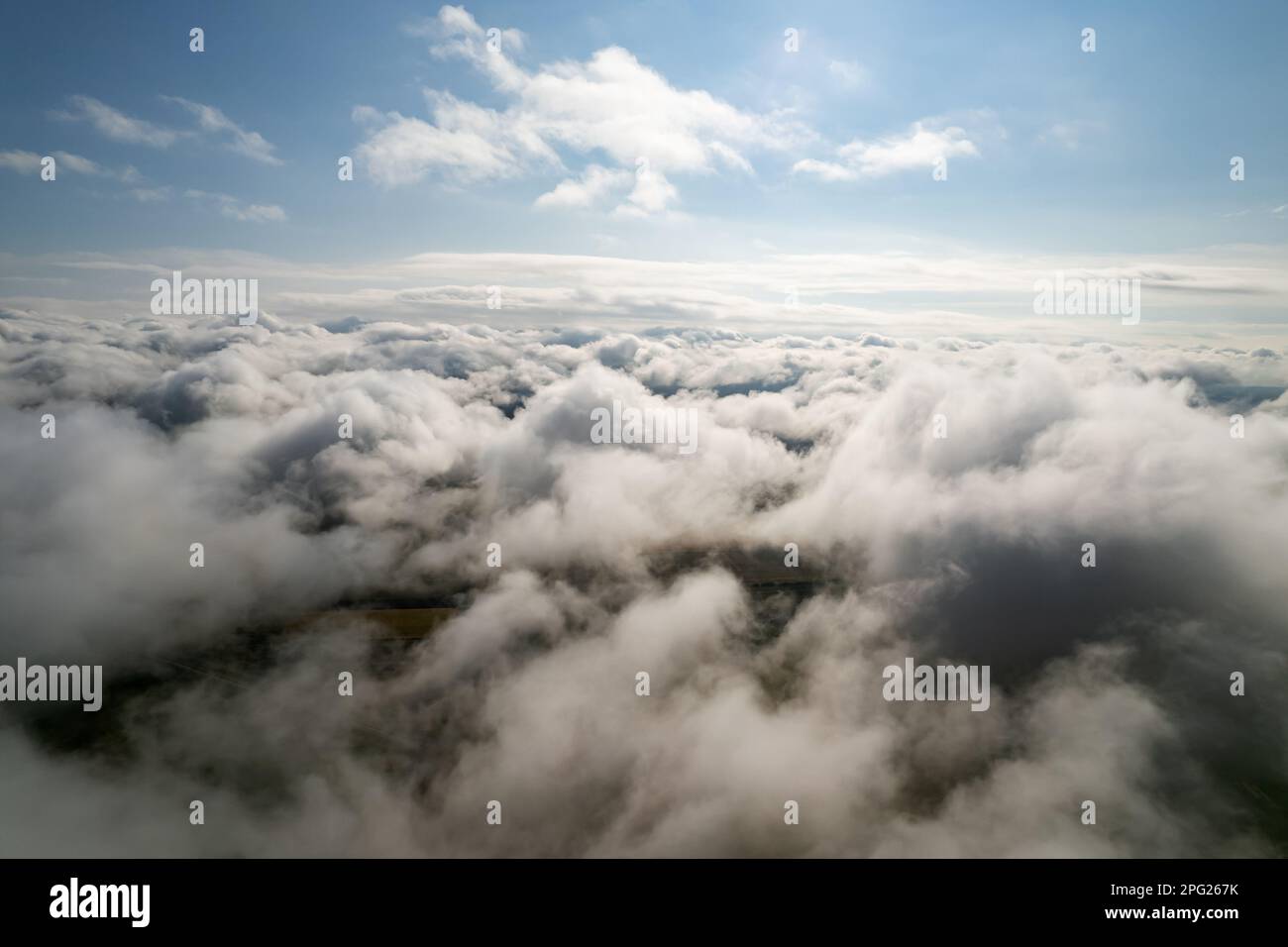 Atmosphere of flying above clouds. Sky thunderclouds, horizon line from ...