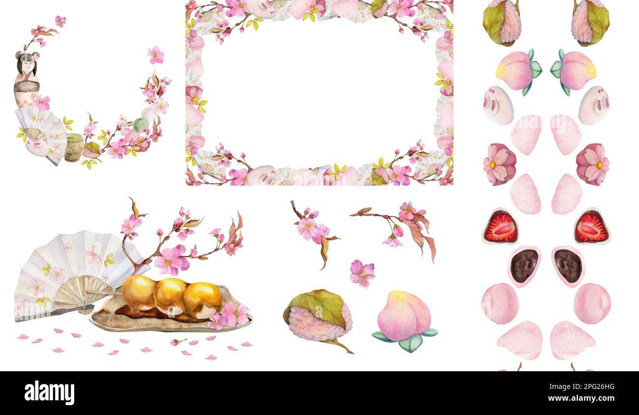 Watercolor hand drawn traditional Japanese sweets. Set of compositions ...