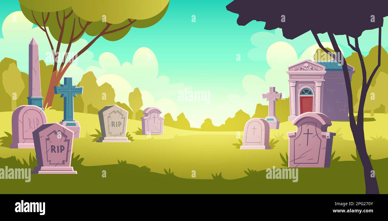 Cemetery day landscape, tombstone with RIP inscription, cartoon vector. Gravestones with cross ...