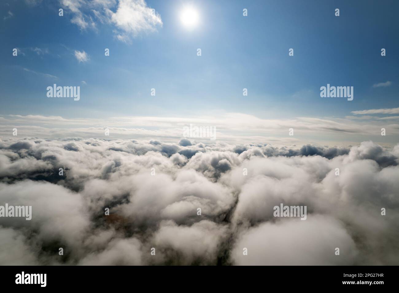 Atmosphere of flying above clouds. Sky thunderclouds, horizon line from ...