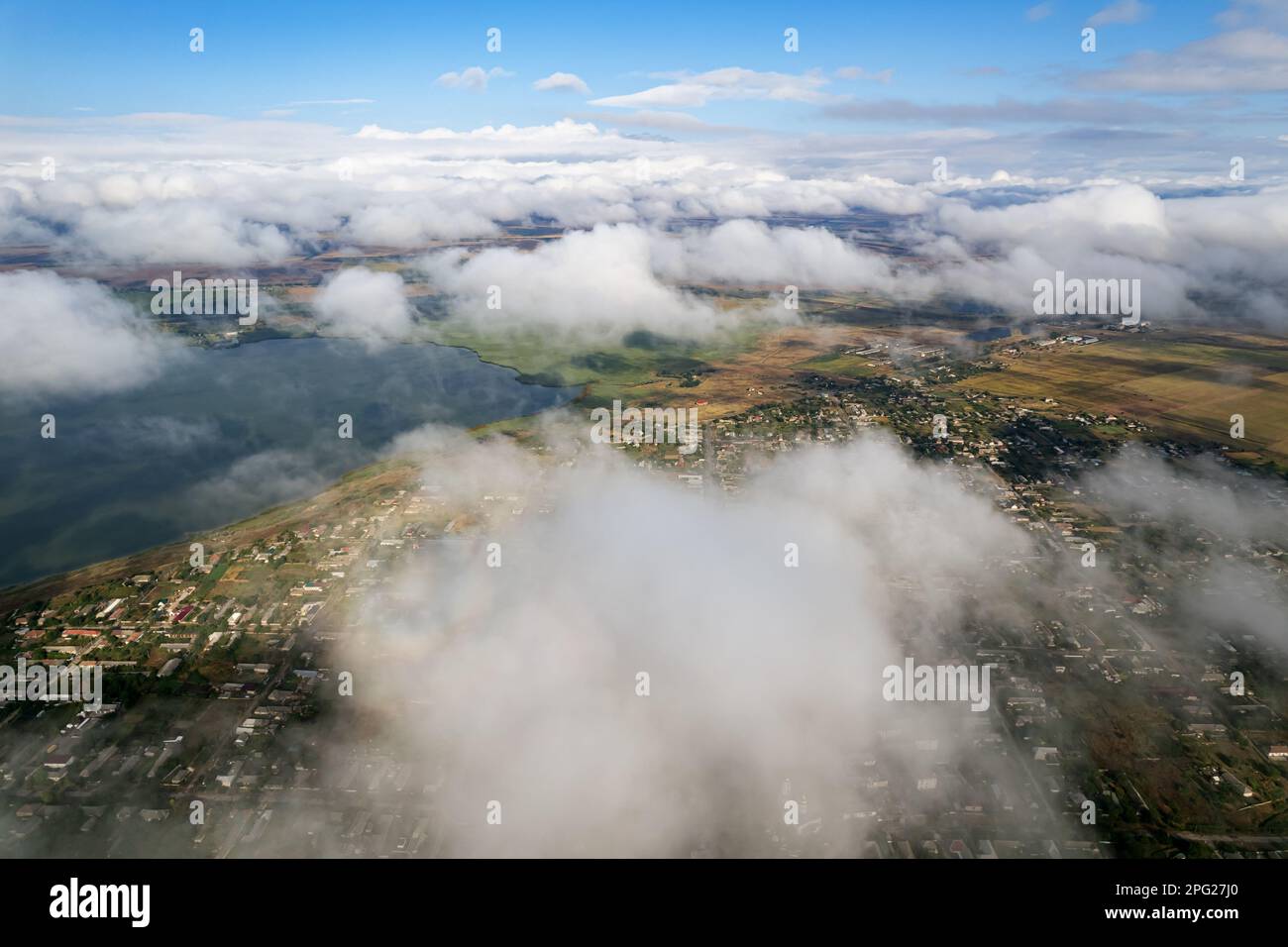 Atmosphere of flying above clouds. Sky thunderclouds, horizon line from ...