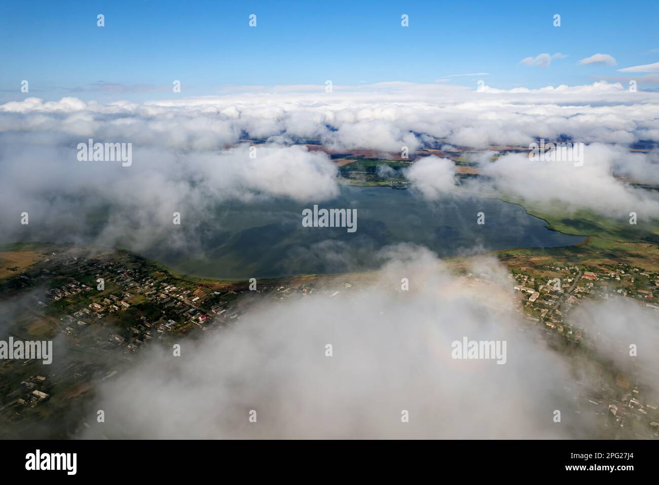 Atmosphere of flying above clouds. Sky thunderclouds, horizon line from ...
