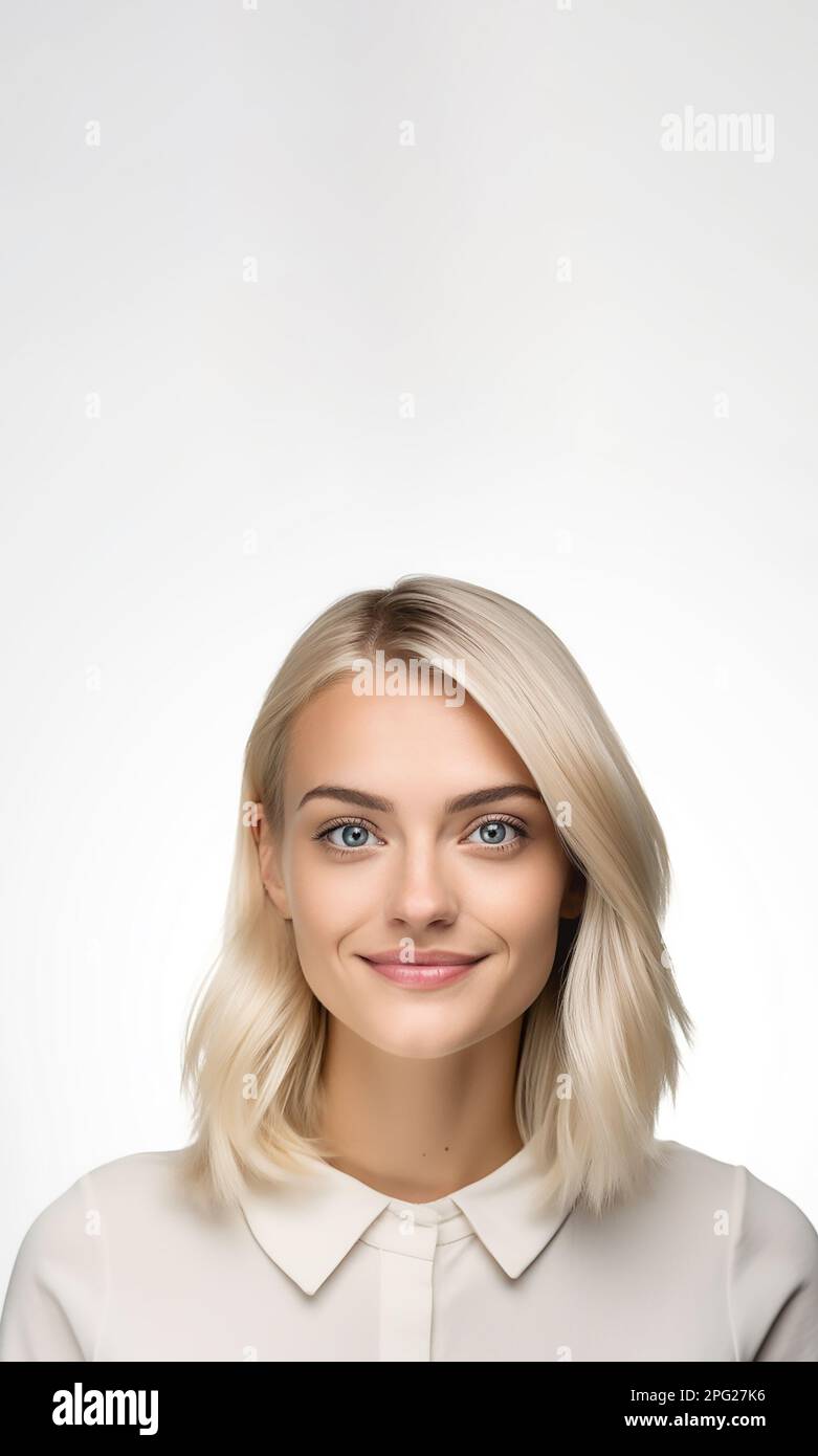 Attractive woman with short fair hair being very glad smiling with ...