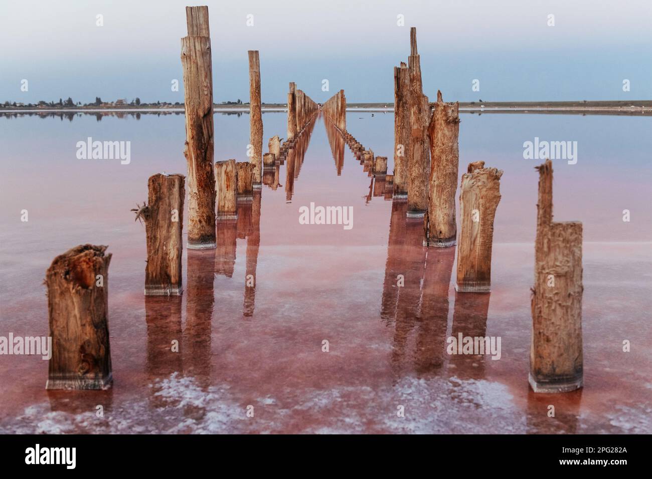 Wooden obstacles in the sea of Jarilgach island, Ukraine. At daytime ...