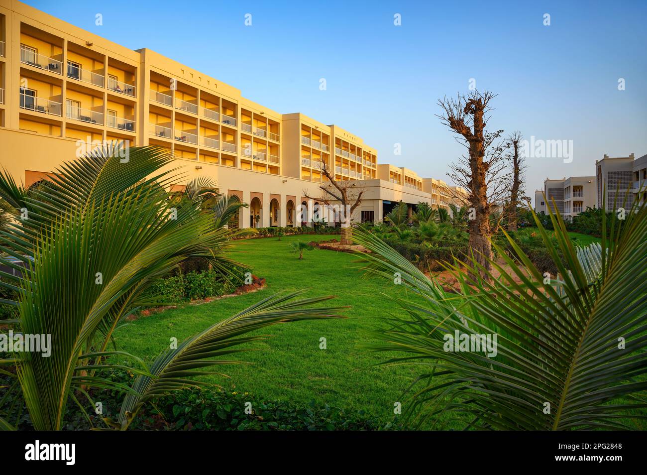 Exterior of the luxury hotel Riu Baobab, a five star hotel in Senegal ...