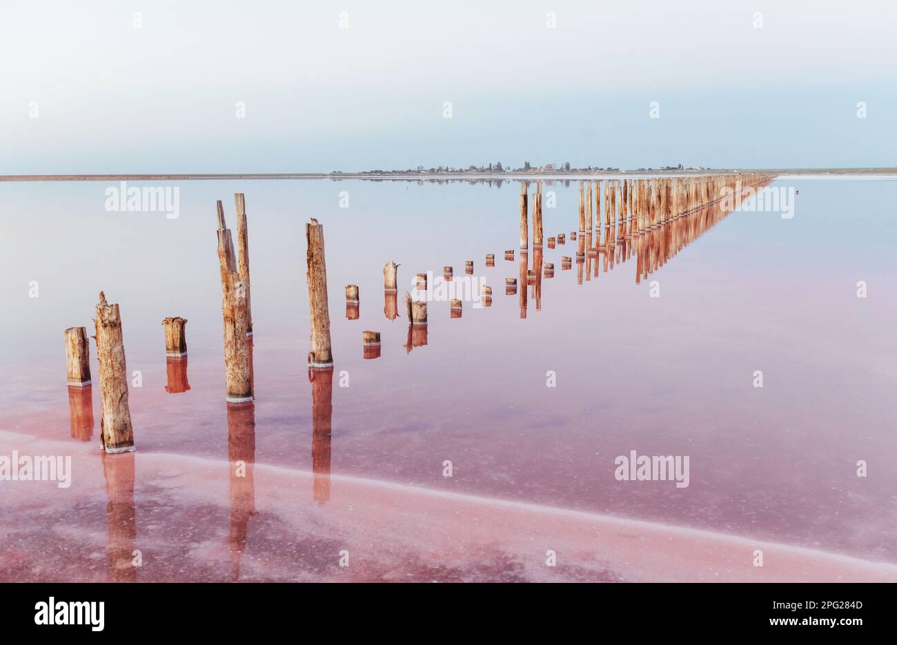 Wooden obstacles in the sea of Jarilgach island, Ukraine. At daytime ...