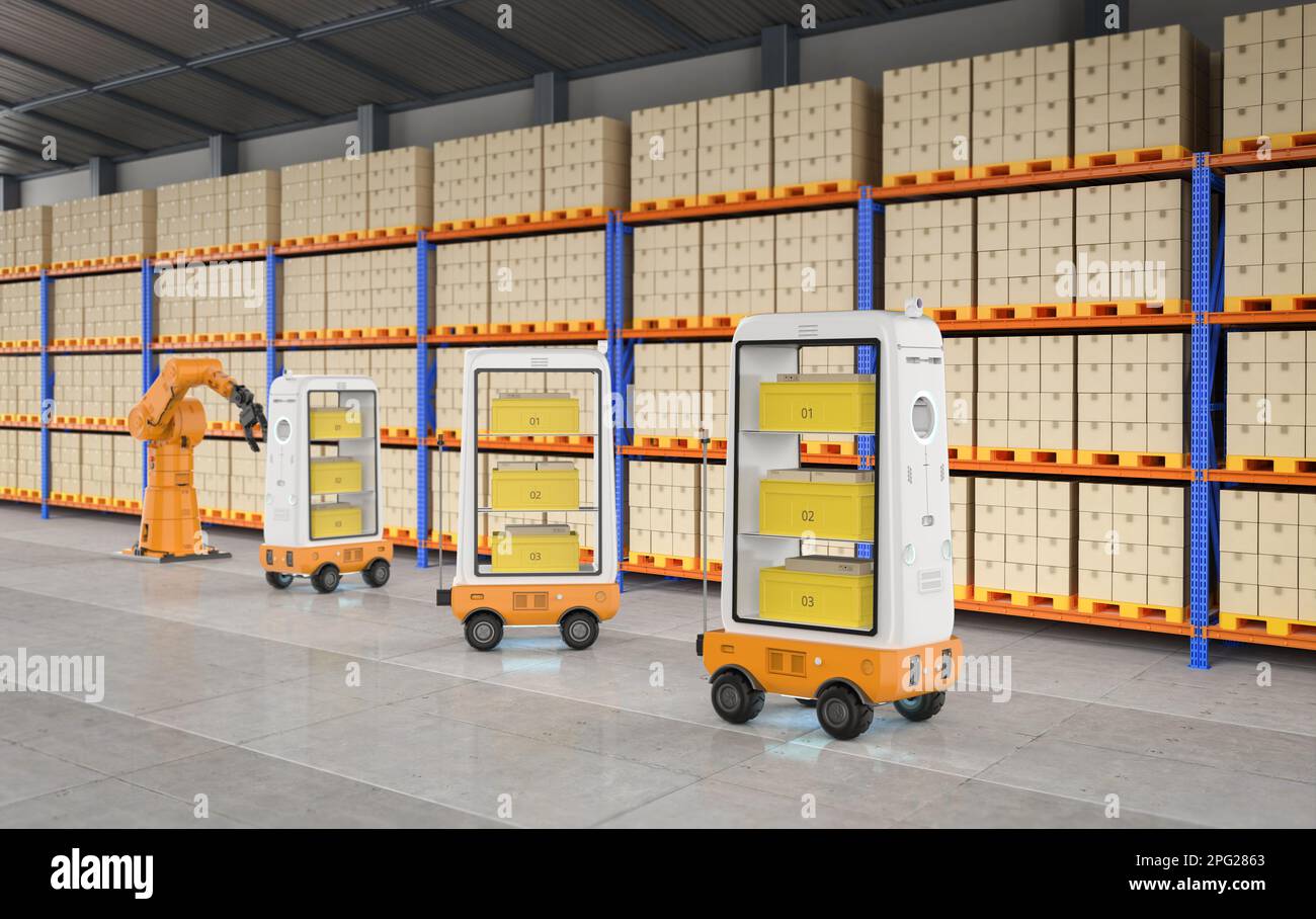 Automation factory or cargo concept with 3d rendering robot arms and ...