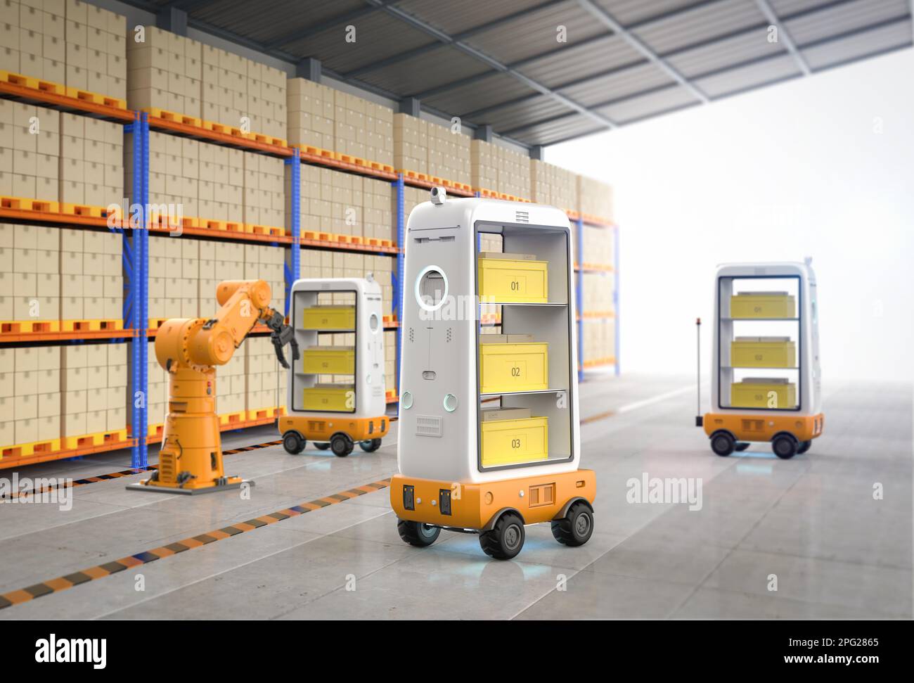 Automation factory or cargo concept with 3d rendering robot arms and ...