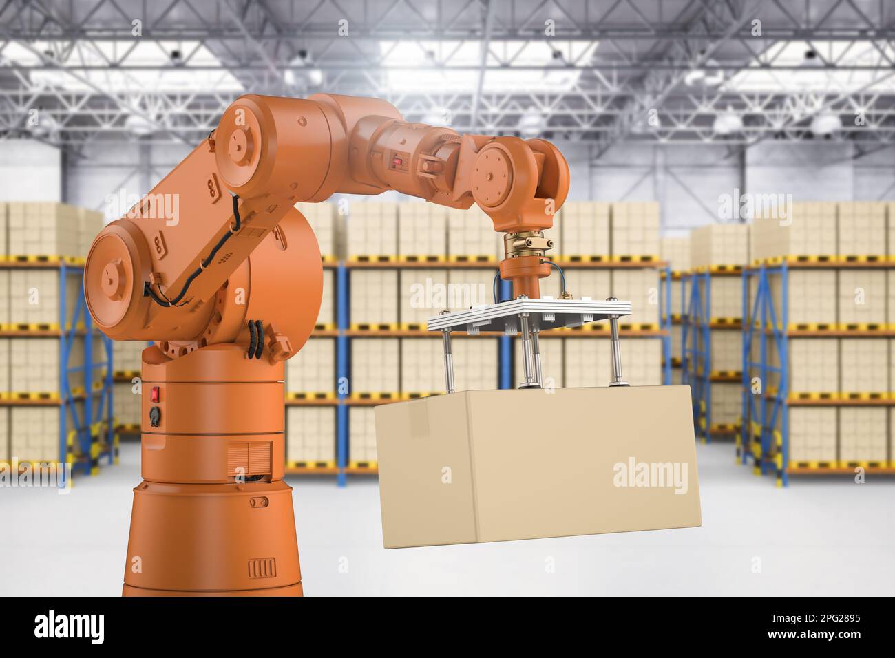 Automation factory or cargo concept with 3d rendering robotic arm carry ...