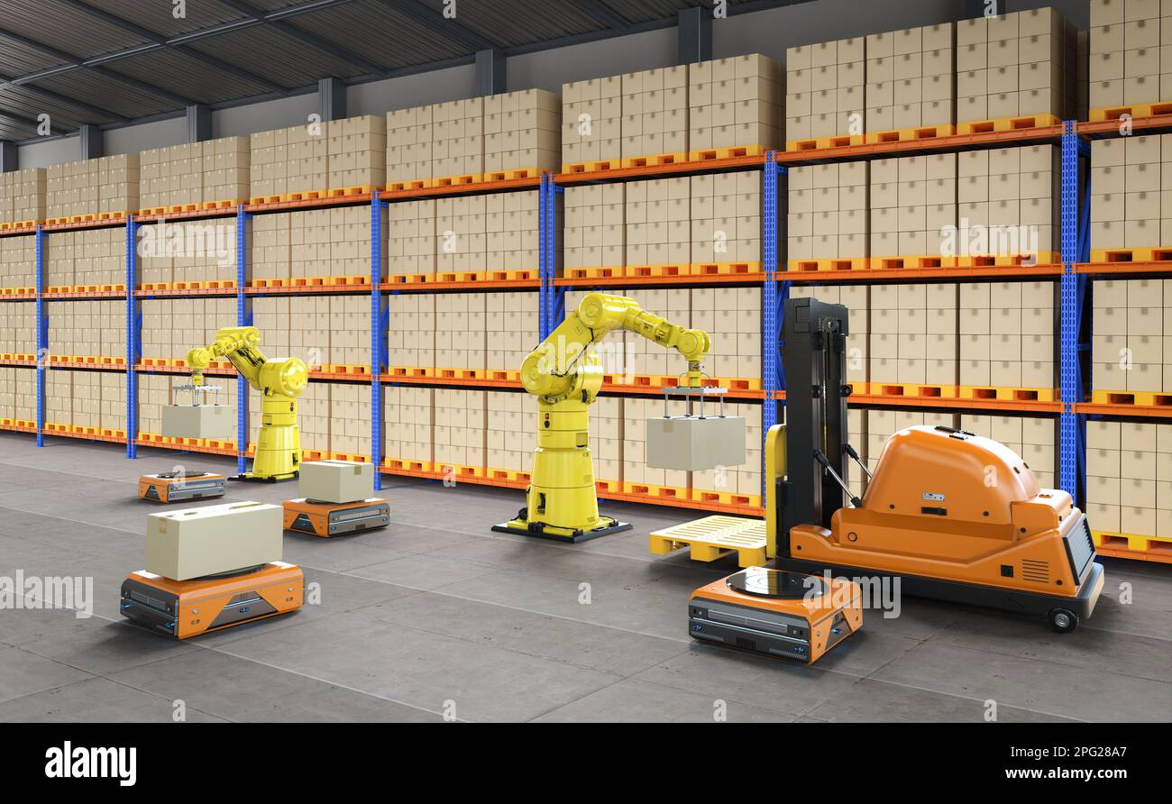 Automation factory or cargo concept with 3d rendering robot arms and ...