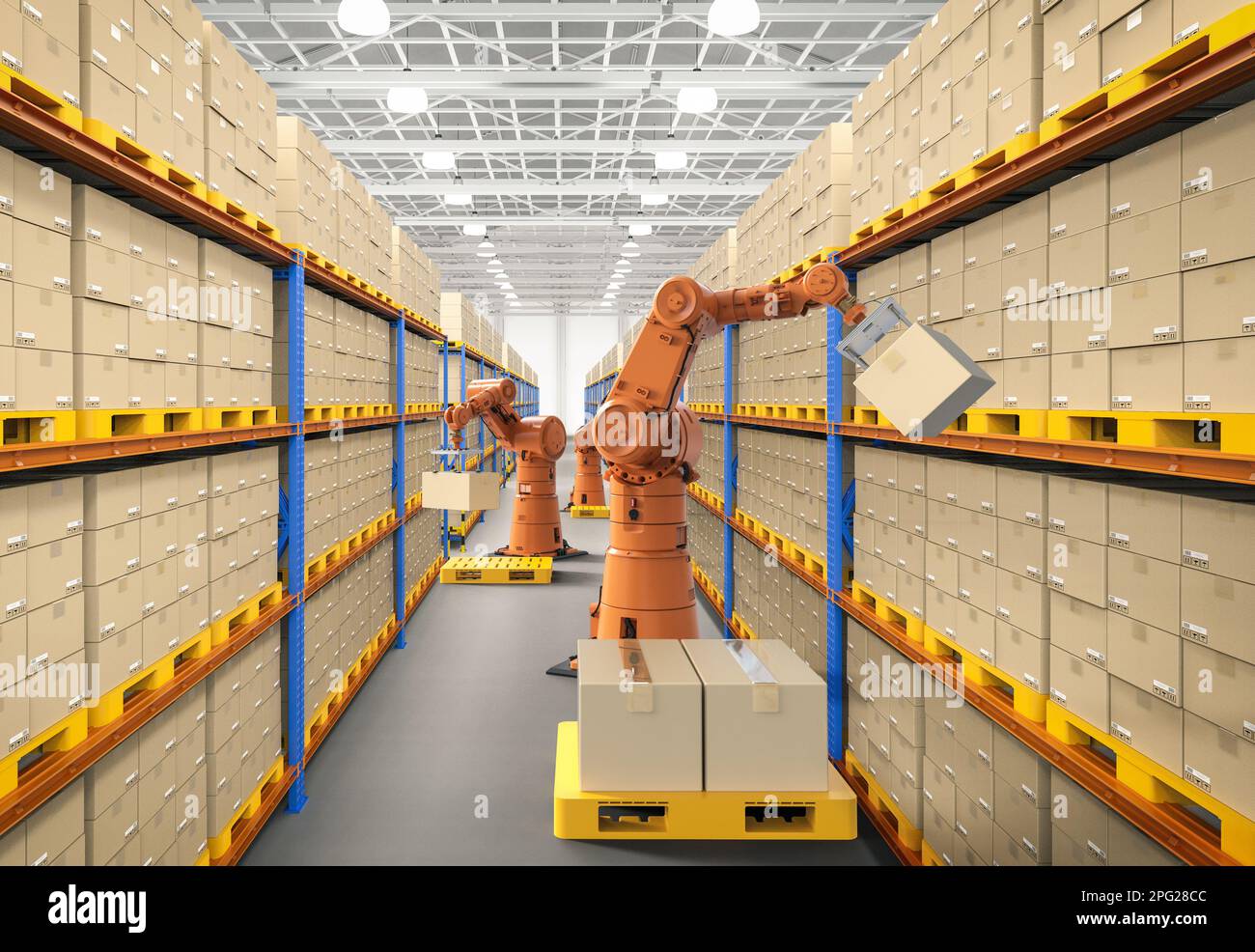 Automation factory or cargo concept with 3d rendering robotic arm carry ...