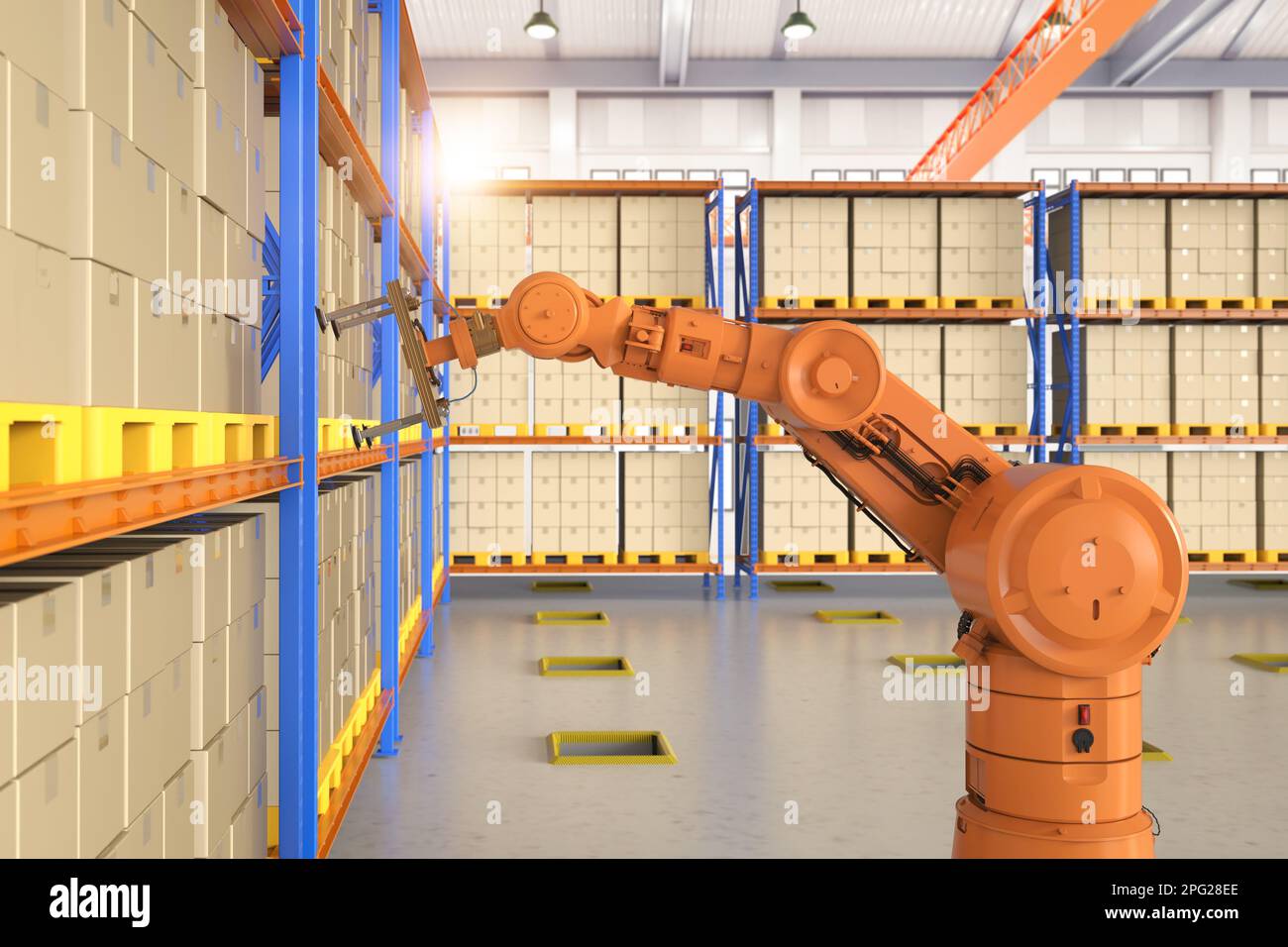 Automation factory or cargo concept with 3d rendering robotic arm carry ...