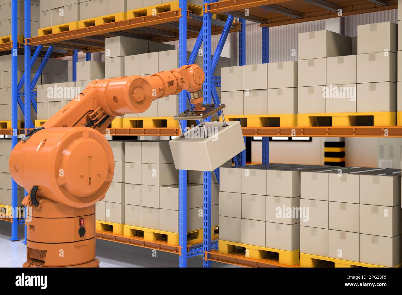 Automation factory or cargo concept with 3d rendering robotic arm carry ...