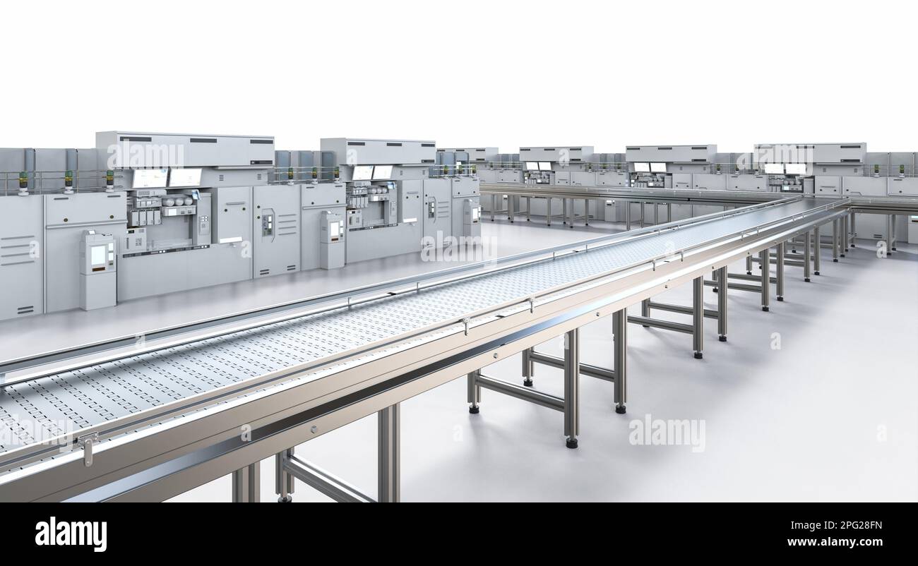 Factory interior with 3d rendering empty conveyor line and electric ...