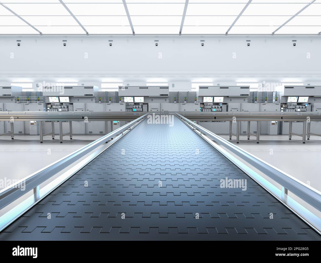 Factory interior with 3d rendering empty conveyor line and electric ...