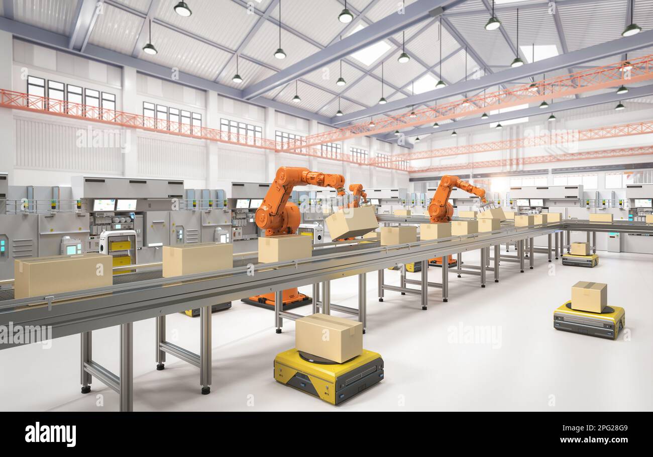 Automation factory or cargo concept with 3d rendering robot arms and warehouse robots Stock ...