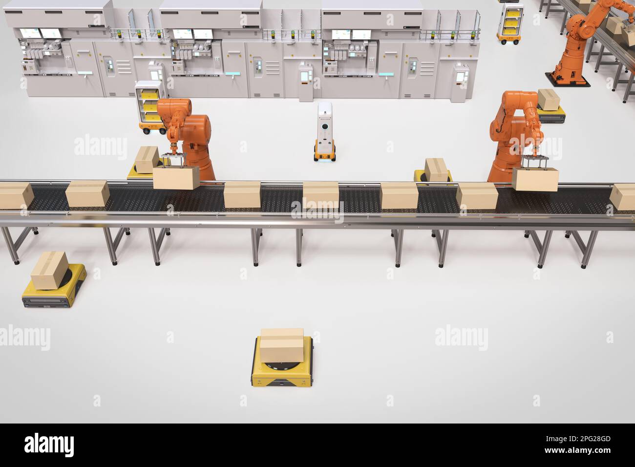 Automation factory or cargo concept with 3d rendering robot arms and warehouse robots Stock ...