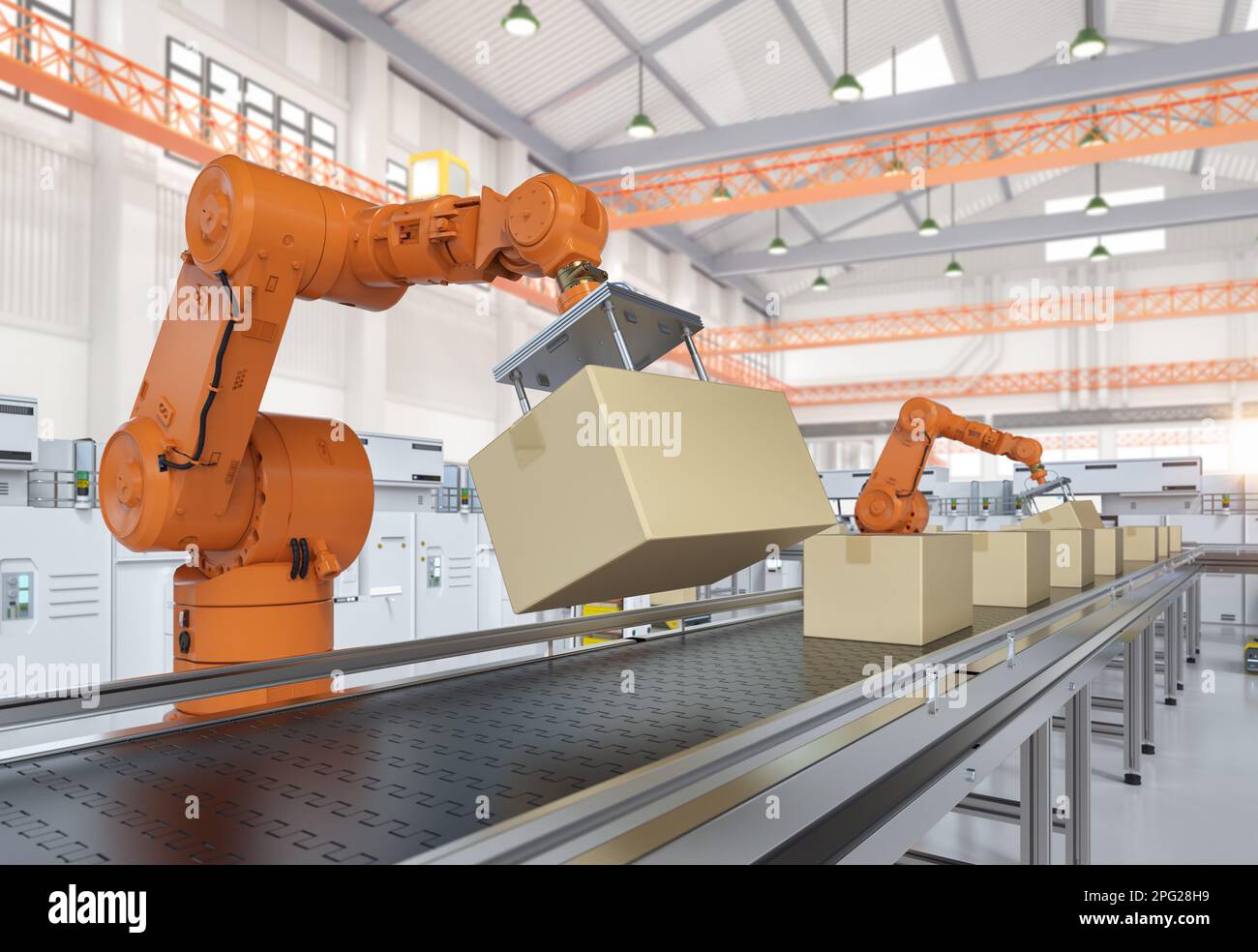 Automation factory concept with 3d rendering robot arms with boxes on conveyor line in factory ...