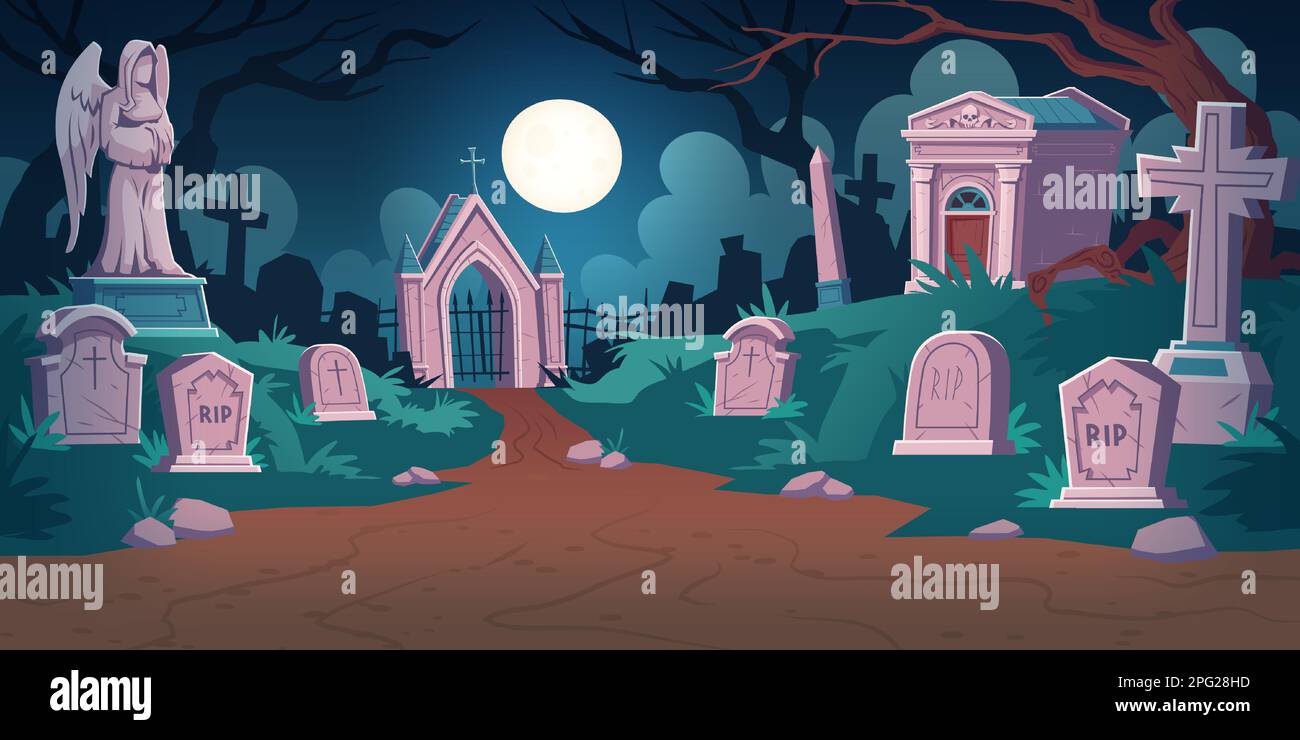 Cemetery landscape at night, tombstone with RIP inscription, cartoon vector. Gravestones with ...