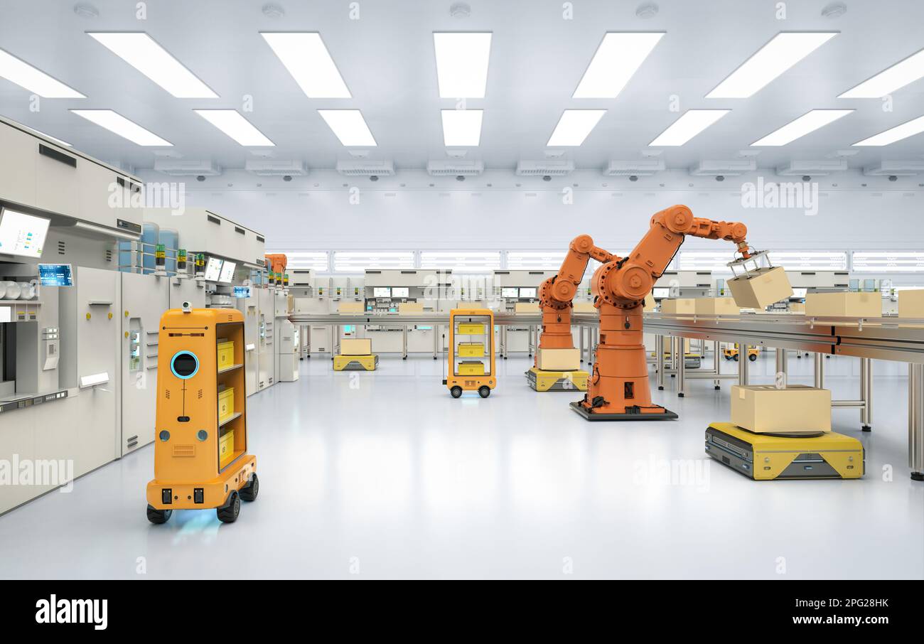 Automation factory or cargo concept with 3d rendering robot arms and warehouse robots Stock ...