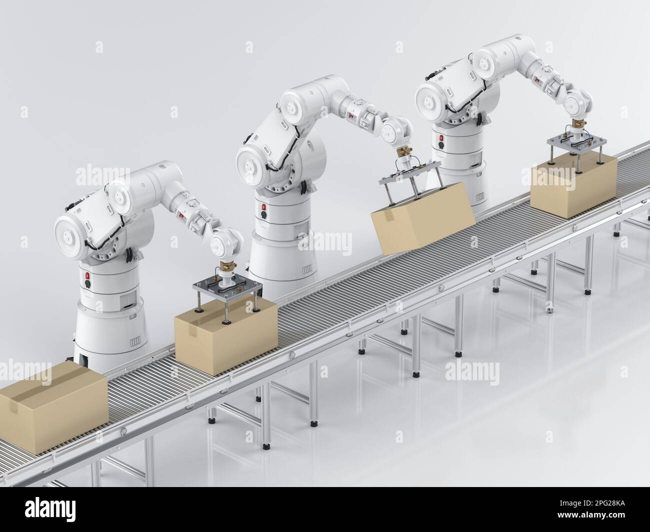 Automation factory concept with 3d rendering robot arms with boxes on conveyor line in factory ...