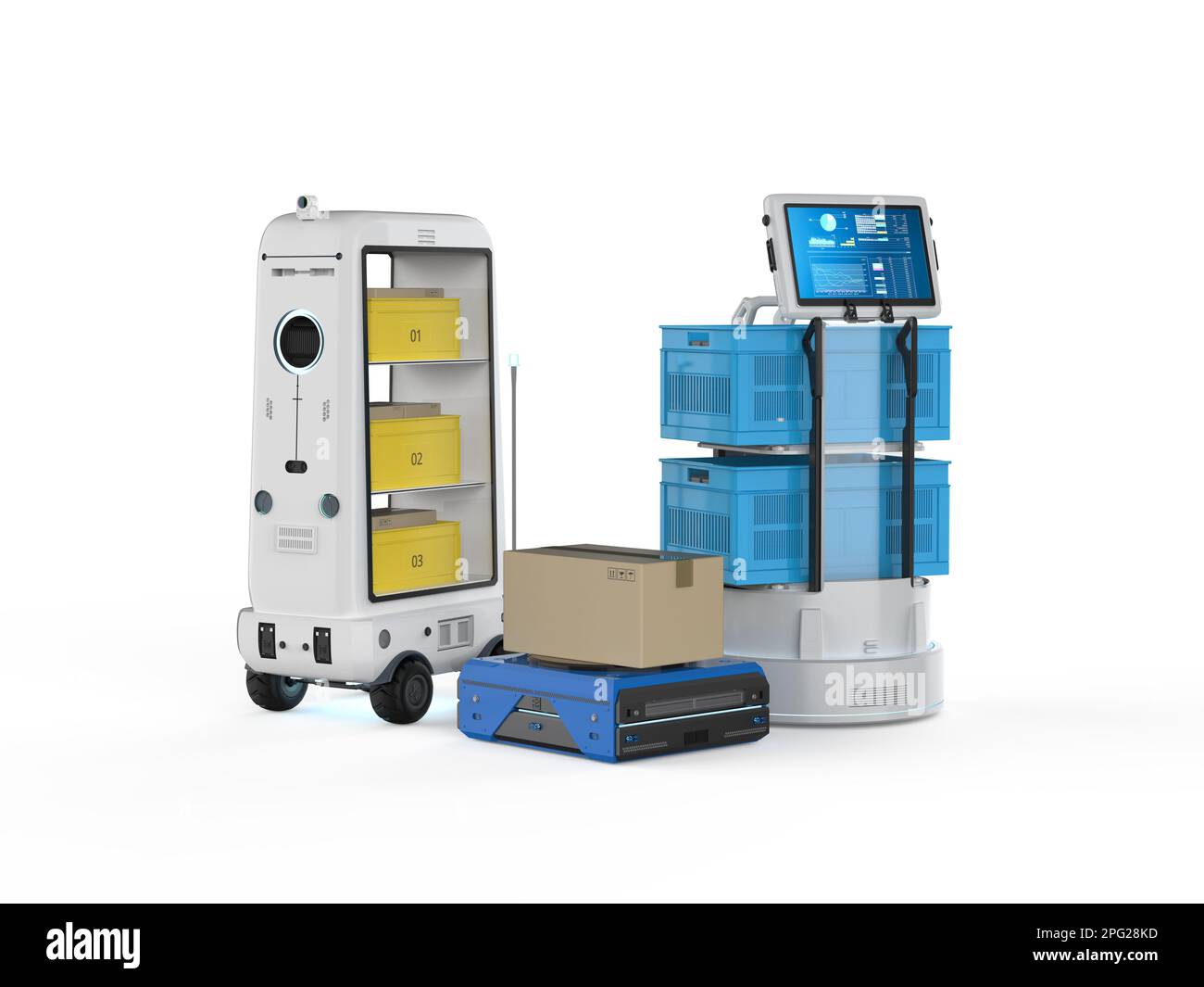 3d rendeirng warehouse robots or robotic assistants deliver boxes Stock ...