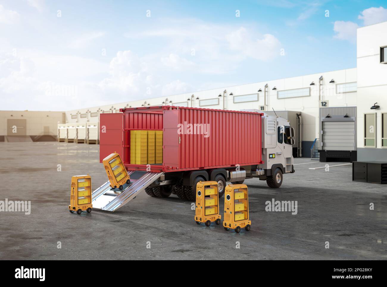 3d rendering logistic trailer truck or lorry with robots load cardboard ...