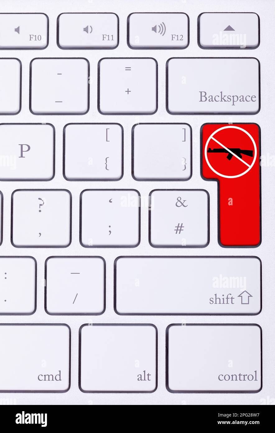 Red button on keyboard with stop guns and war sign. Criminal attack ...