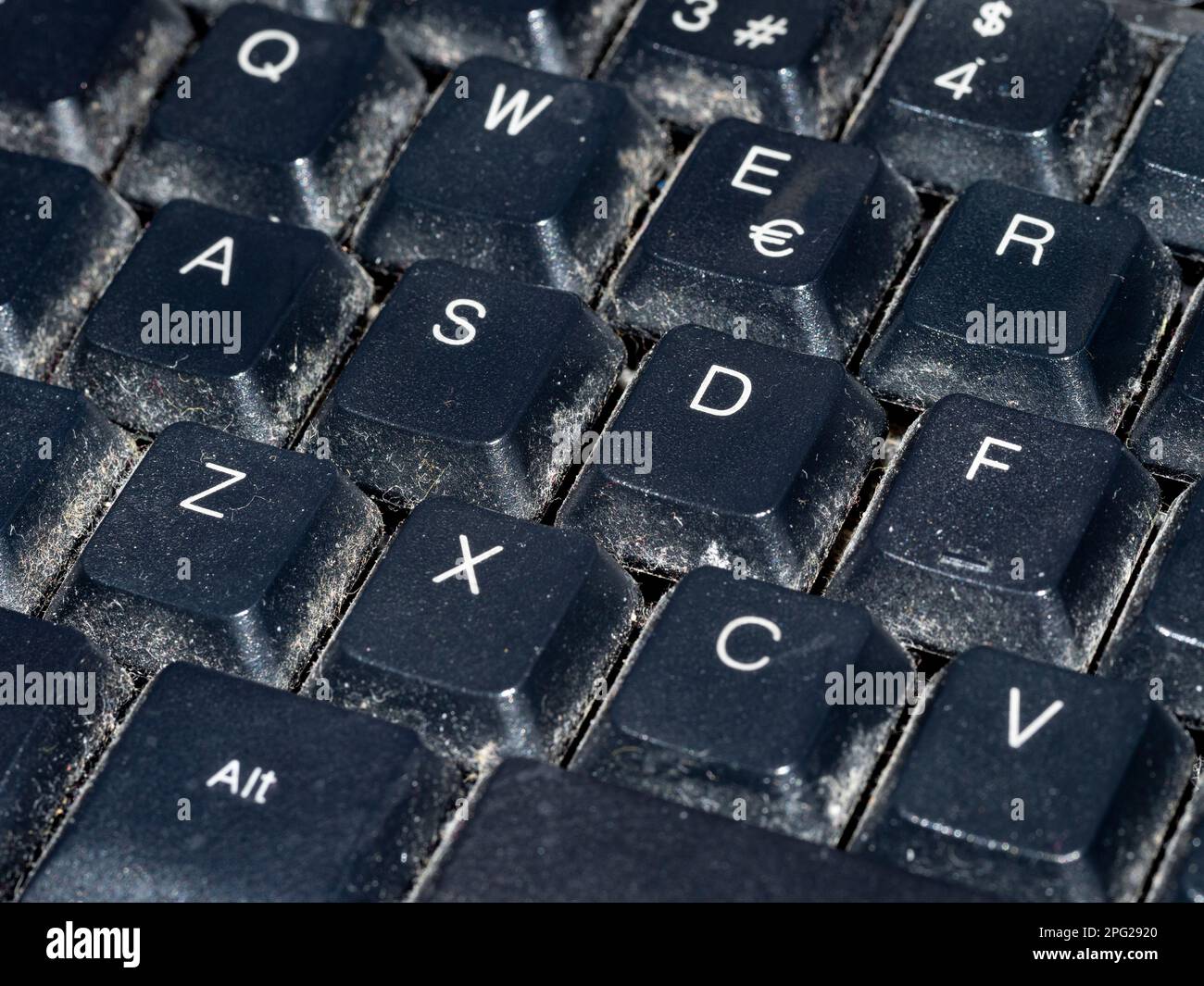 macro close up of a dirty keyboard - unsanitary equipment, health risk ...