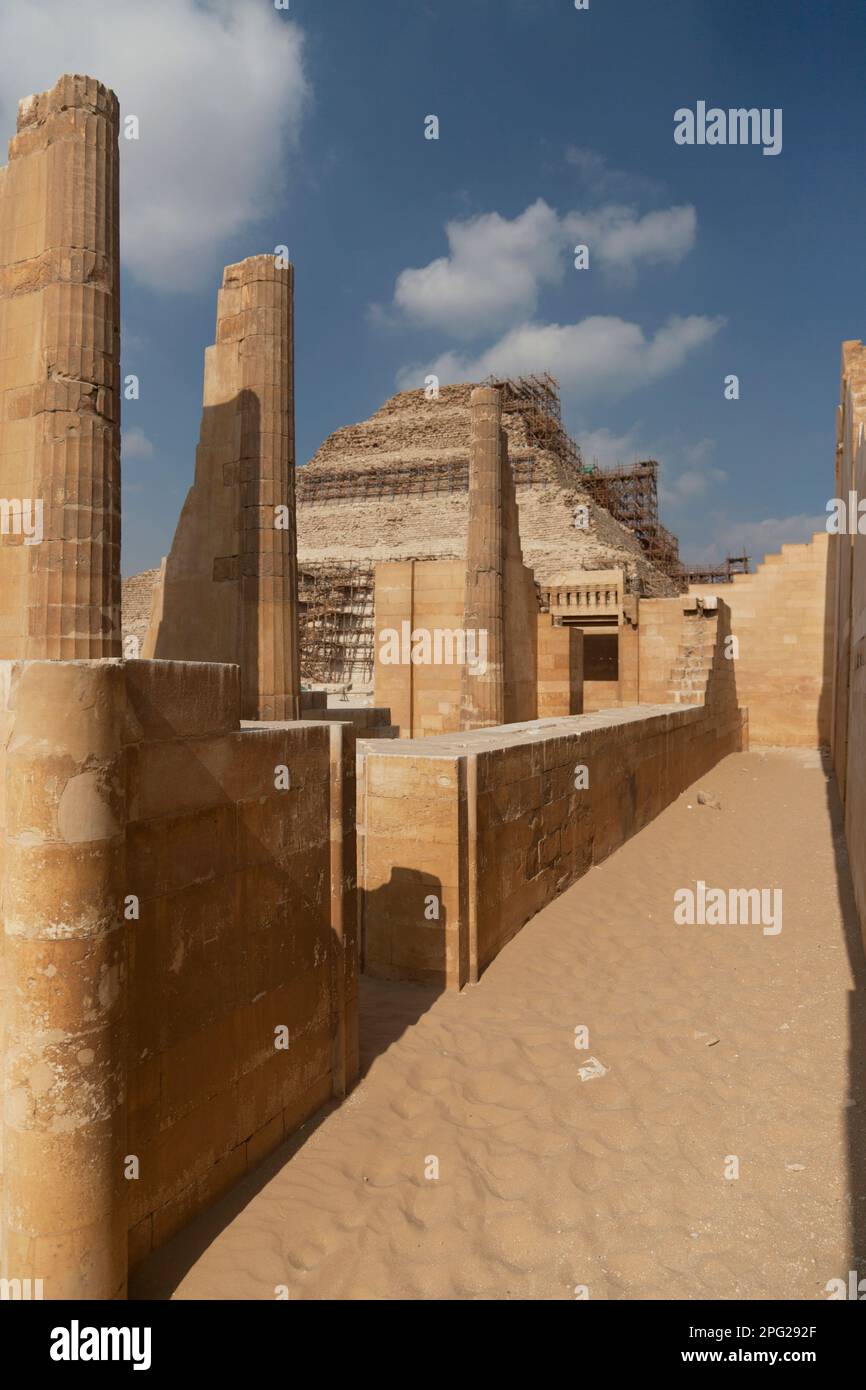 Egypt, Saqqara, the Temple at the Saqqara pyramid, with the stepped ...