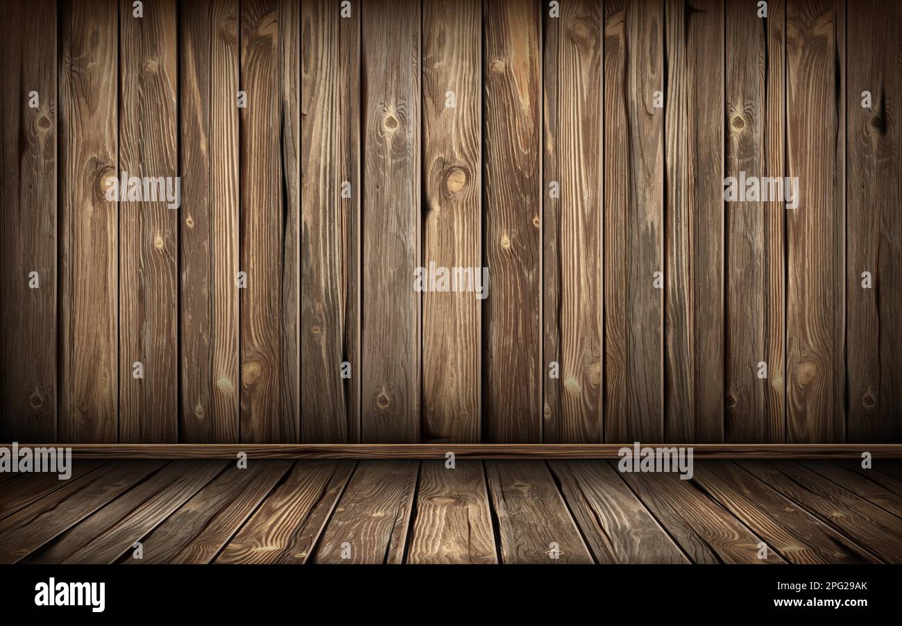 Wooden wall and floor with aged surface, realistic vector illustration ...