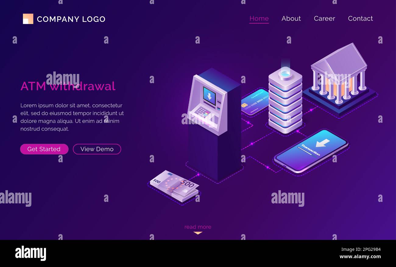 ATM withdrawal isometric concept vector banner. Banking technology ...