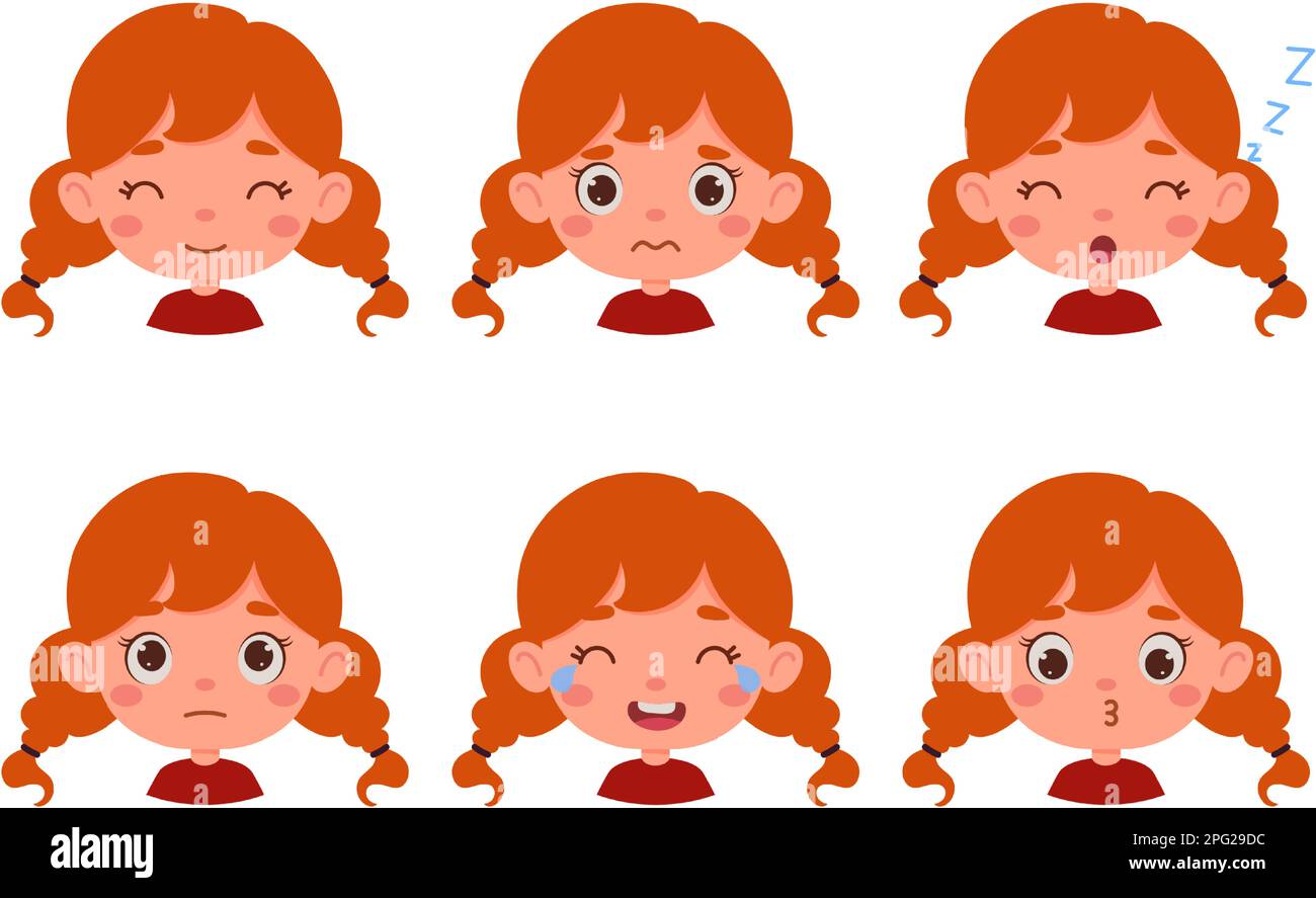 Cute cartoon little kid girl with red hair in various expressions and ...