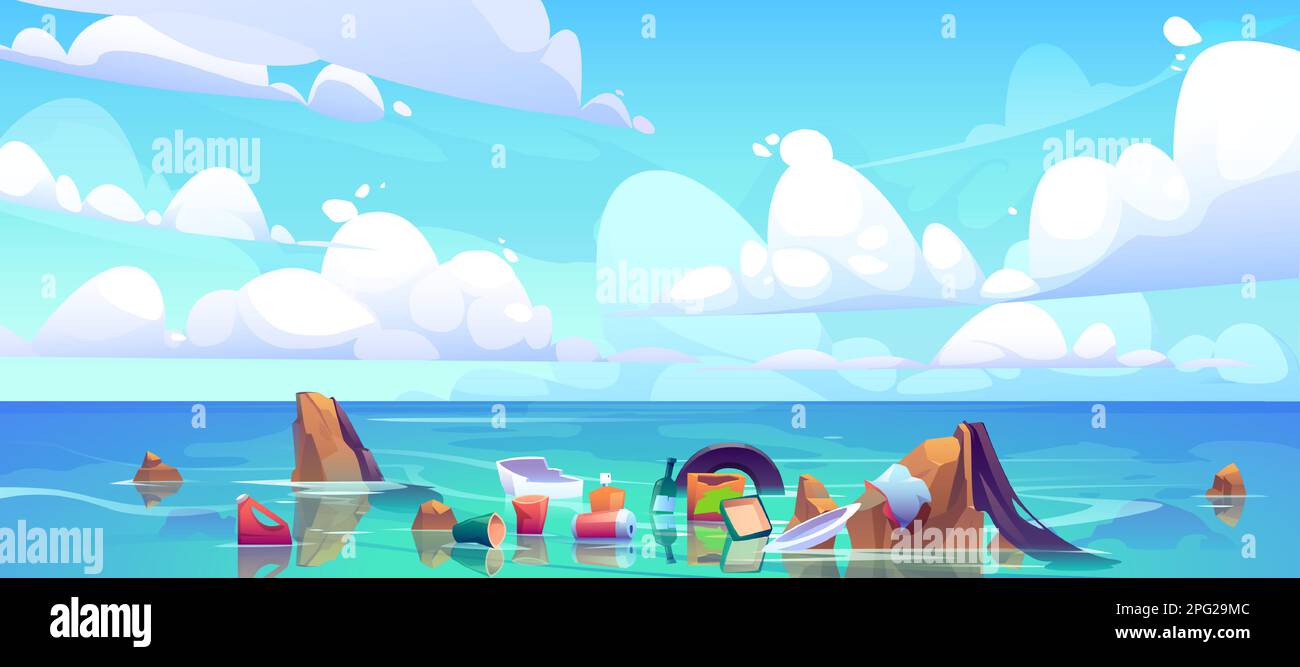 Pollution sea by plastic trash, garbage in water. Vector cartoon ...