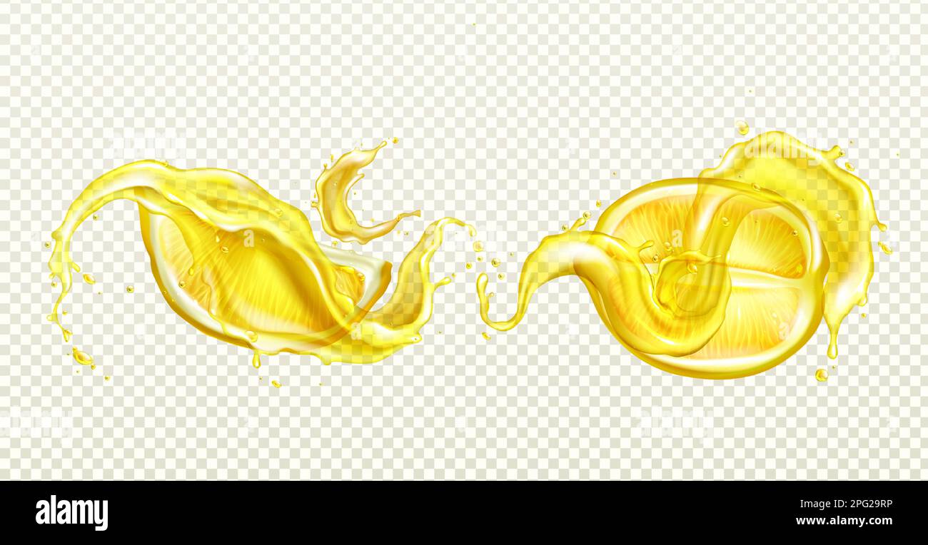 Lemon juice splash realistic vector illustration. Half lemon, sliced ...