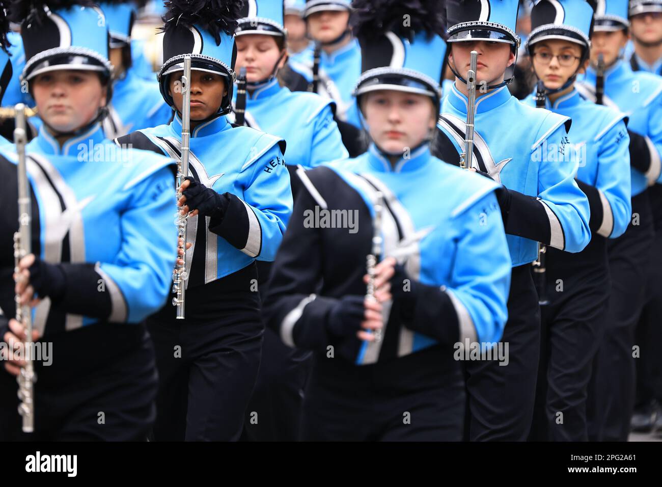The Helena High School Band marches during the St. Patrick's Day Parade ...