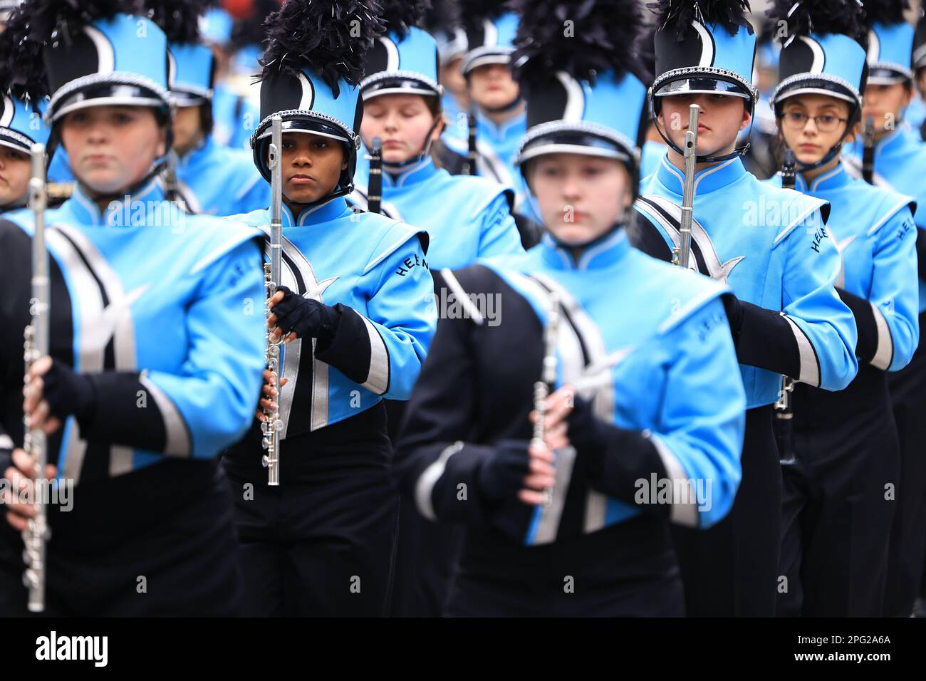 The Helena High School Band marches during the St. Patrick's Day Parade ...