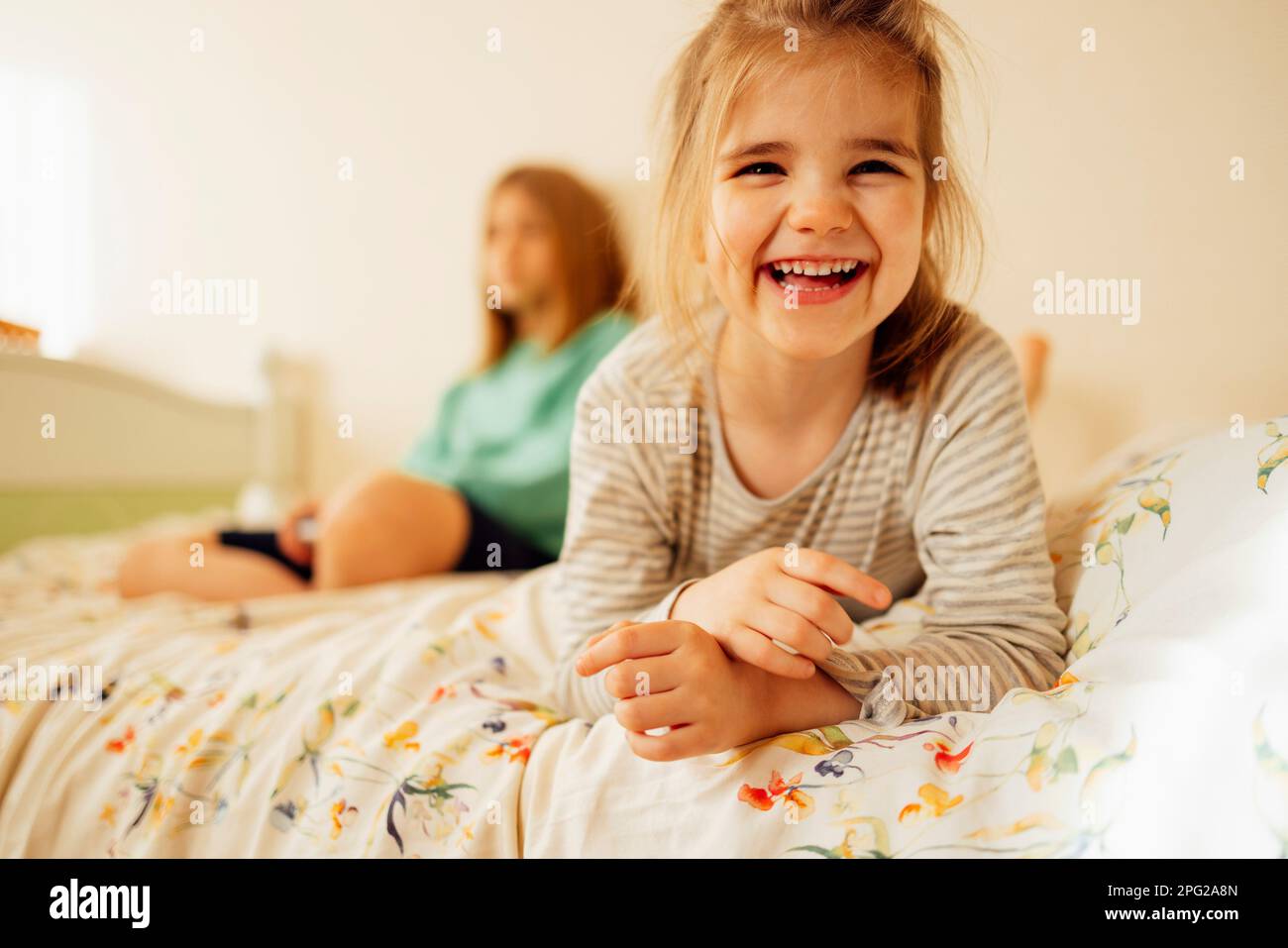 Two Cute Sisters Play Together Pretty Blonde Girls Have Fun In Their