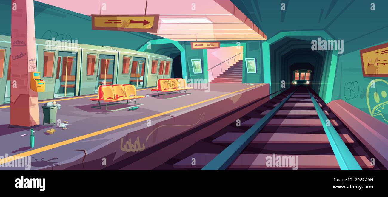 Metro station, arriving train to empty subway platform from underground ...