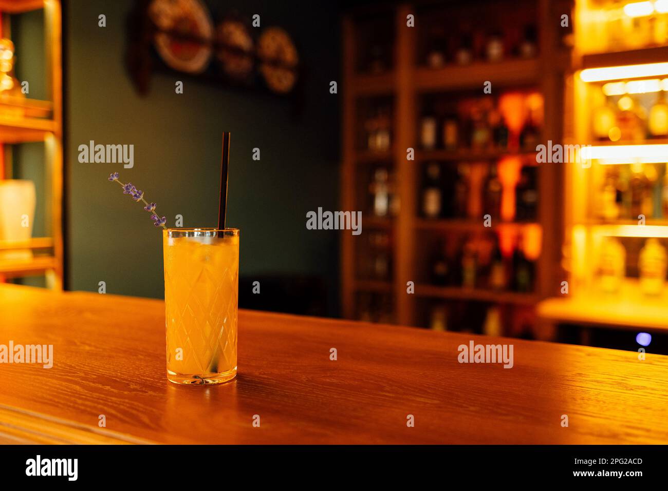 Crystal glass with orange cocktail and sprig of lavender on a bar ...