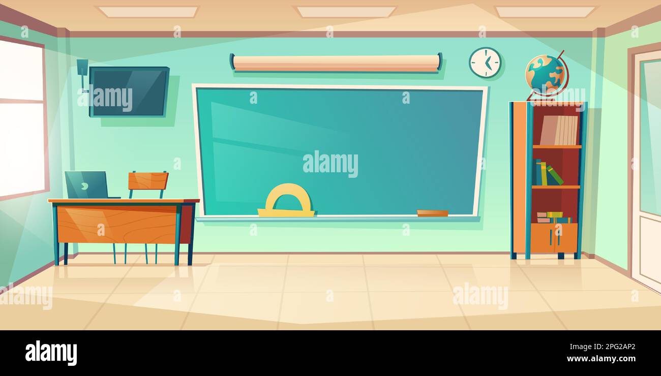 Empty classroom interior, school or college class with teacher table ...