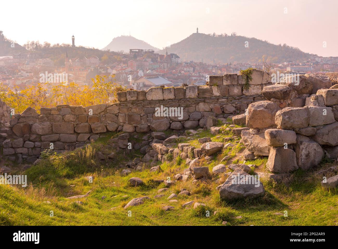 Plovdiv, Bulgaria sunset cityscape view of city and the ruins of the ...