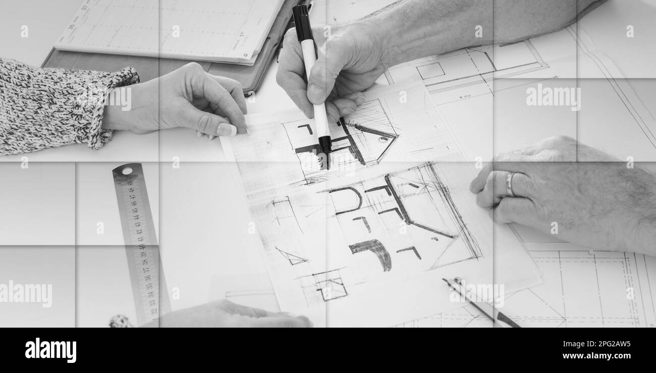 Architect showing house plans to his client, geometric pattern Stock ...
