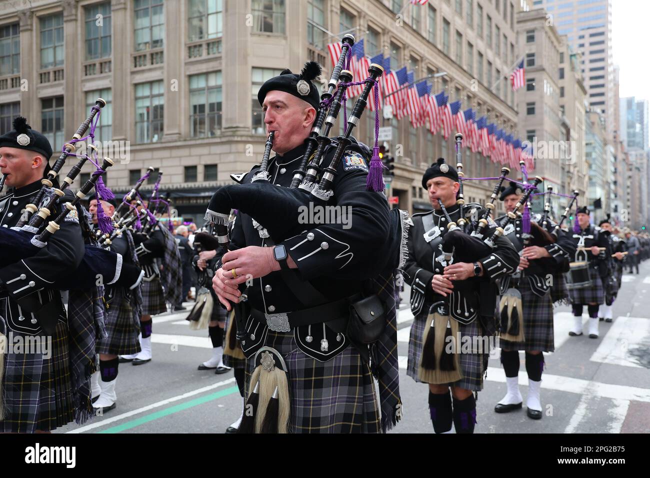 New York State Police Pipe Band march up Fifth Avenue during the St ...